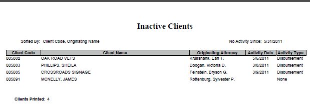 Inactive Clients Report – Orion Law Management
