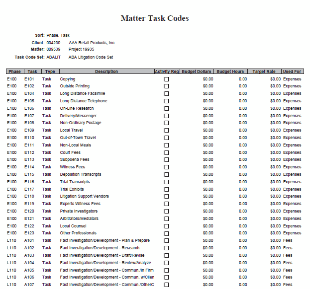 Matter Task Codes – Orion Law Management