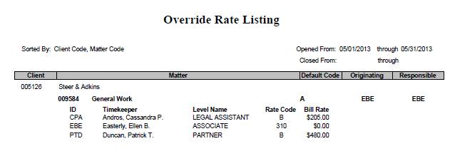 Override Rate Listing – Orion Law Management