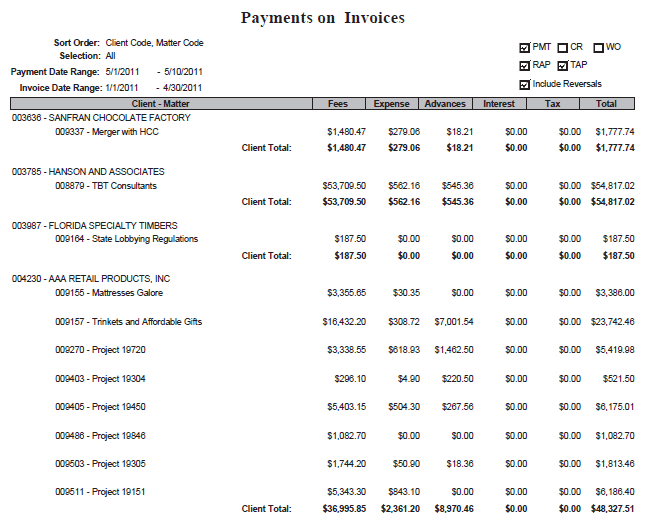 Payments on Invoices Report – Orion Law Management