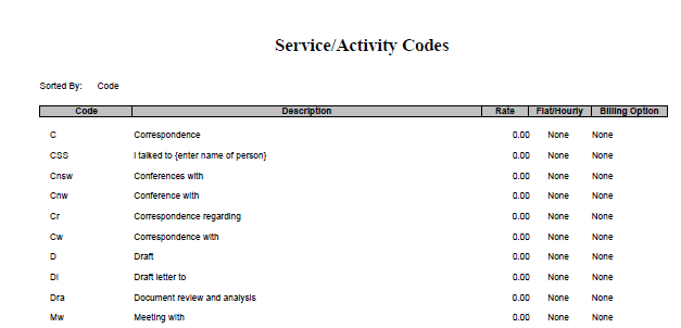 Service and Activity Codes – Orion Law Management